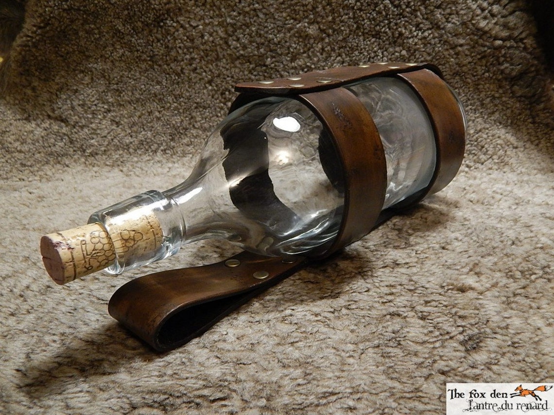 Large medieval style glass bottle with leather holder and 2 | Etsy