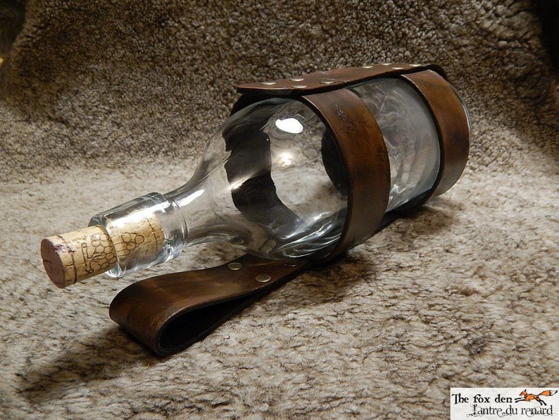 Large medieval style glass bottle with leather holder and 2 | Etsy