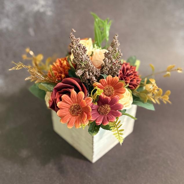 Rustic Rose Wooden Box Floral Arrangement, Faux Flower Centerpiece ...