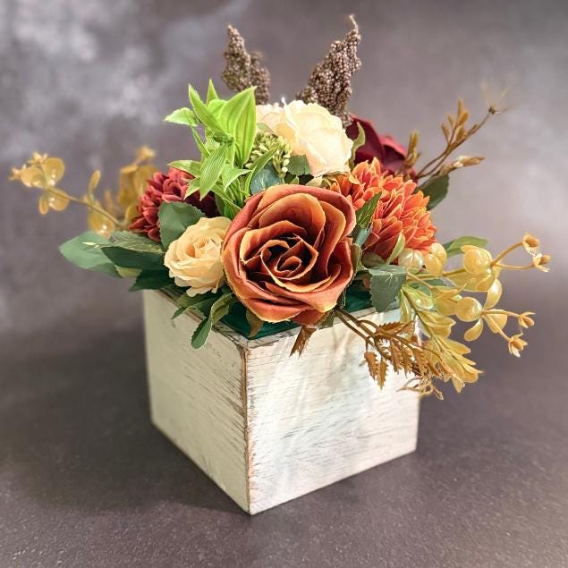 Rustic Rose Wooden Box Floral Arrangement, Faux Flower Centerpiece ...