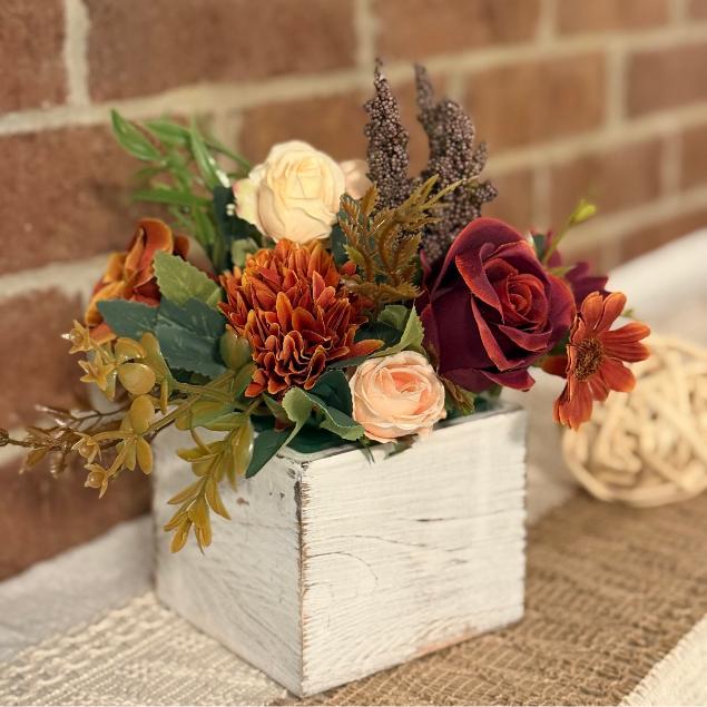 Rustic Rose Wooden Box Floral Arrangement, Faux Flower Centerpiece ...