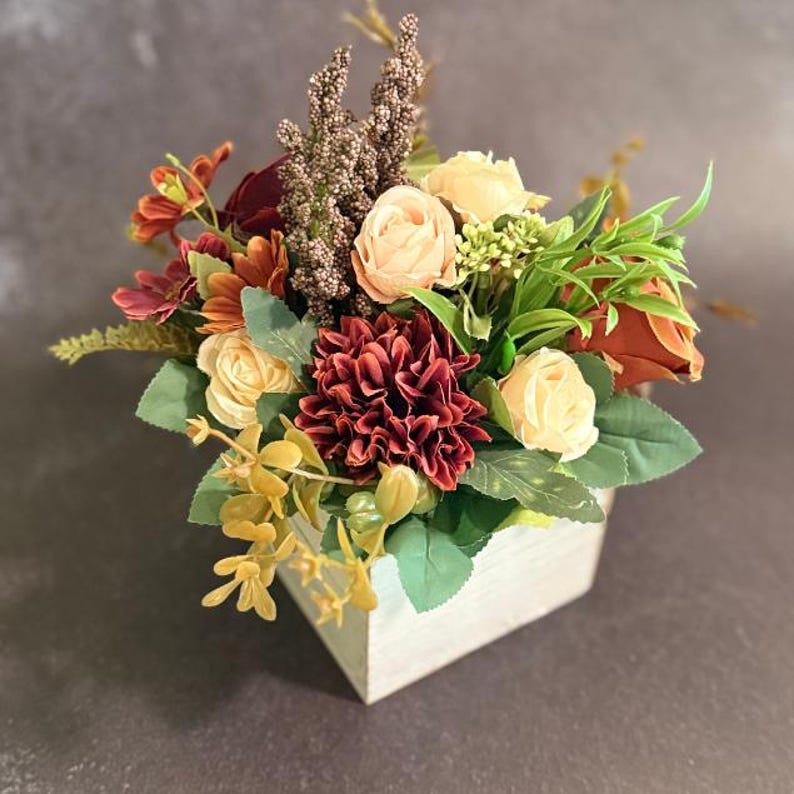 Rustic Rose Wooden Box Floral Arrangement, Faux Flower Centerpiece ...
