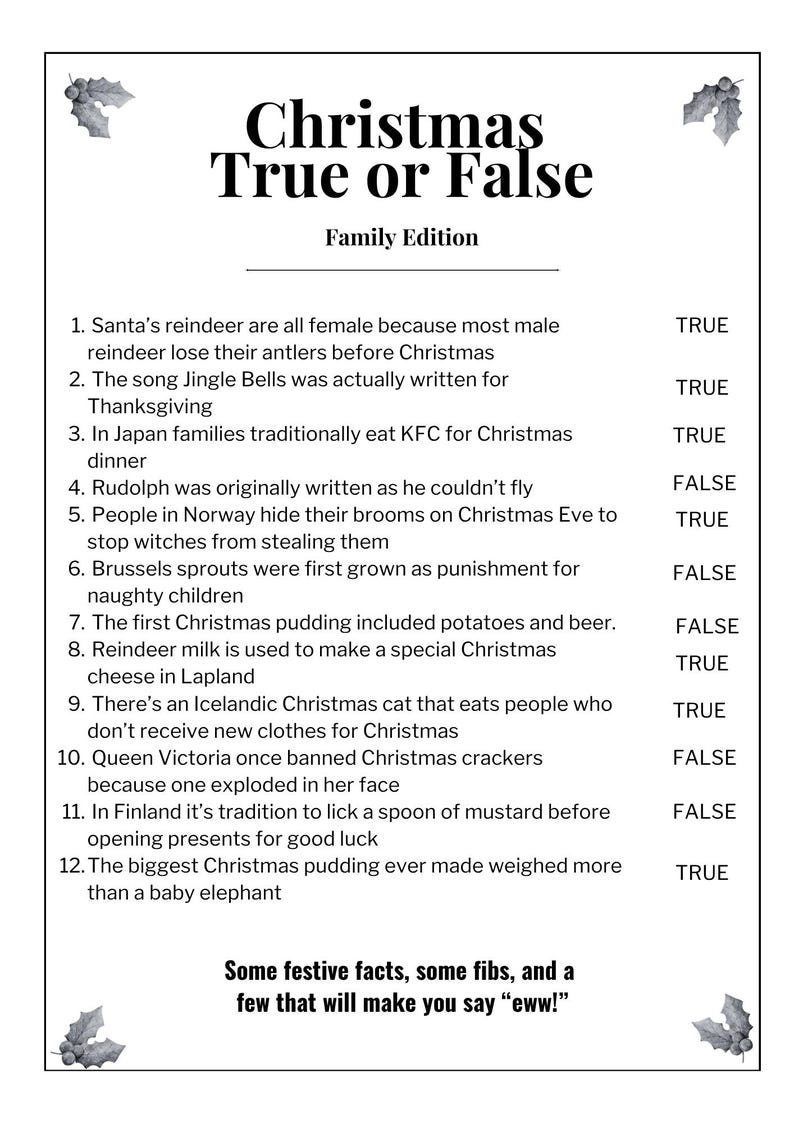Christmas True or False Game/funny Printable Family Quiz/instant ...