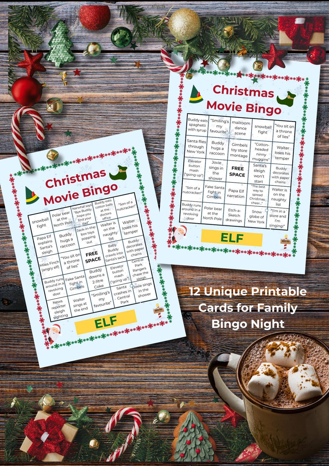 Elf Movie Bingo: 12 Printable Christmas Cards (instant Download) - Etsy ...