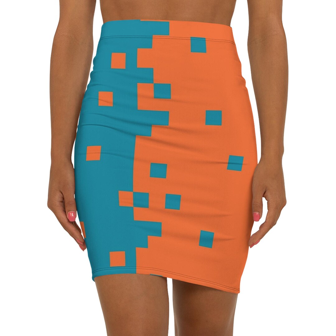 Half-block Pixel Pattern Pencil Skirt | Teal and Orange Colorblock - Etsy