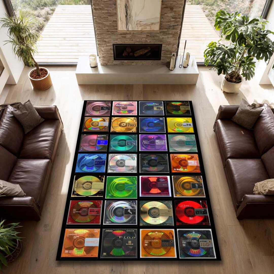 Retro Minidisc Rug, Y2K Tech Inspired Carpet, Colorful Vintage CD ...