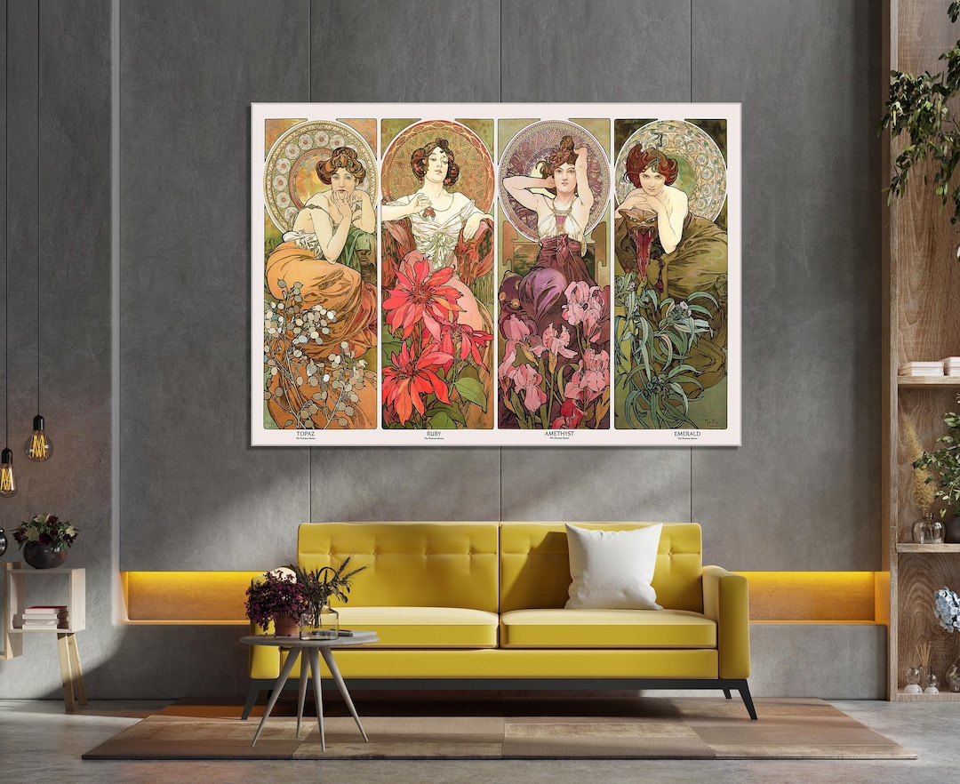 Alphonse Mucha Precious Stones Canvas Art Set, Art Nouveau Reproduction ...