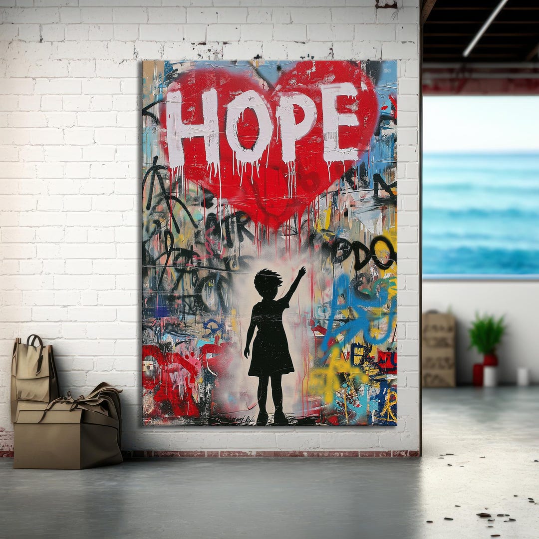 Banksy Style HOPE Graffiti Canvas Wall Art, Red Heart Urban Street Art ...