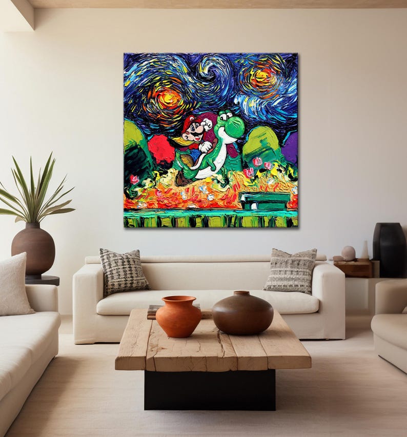 Super Mario Starry Night Art, Van Gogh Style Mario & Yoshi Canvas ...