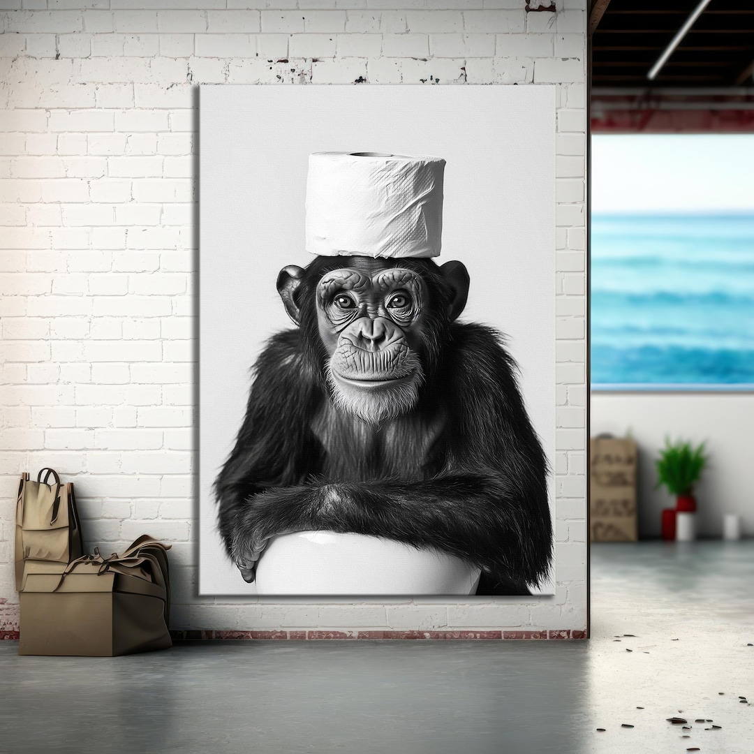 The Thinker Monkey Canvas, Chimp With Toilet Roll Hat, Funny Black ...