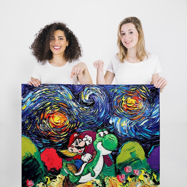Super Mario Starry Night Art, Van Gogh Style Mario & Yoshi Canvas ...