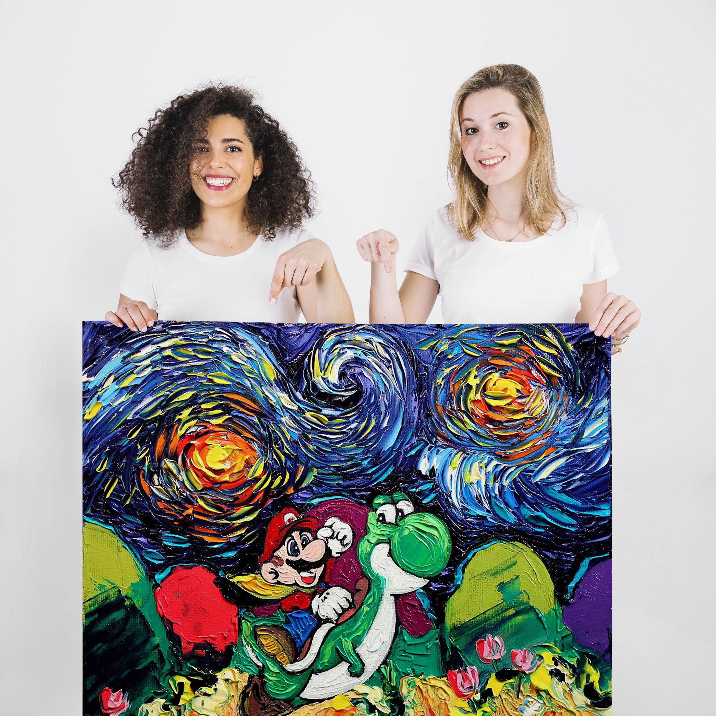 Super Mario Starry Night Art, Van Gogh Style Mario & Yoshi Canvas ...