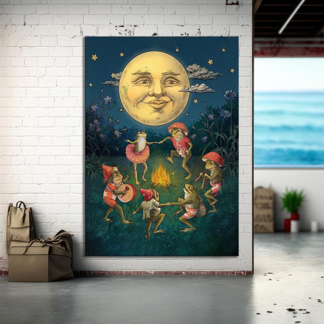 Dancing Frogs Around Campfire Canvas Print, Retro Moon, Mushroom Decor ...