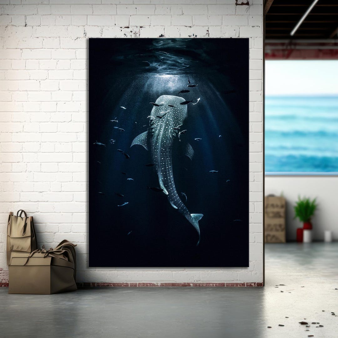 Whale Shark Canvas Wall Art, Deep Sea Light Rays Wall Art, Ocean Wall ...