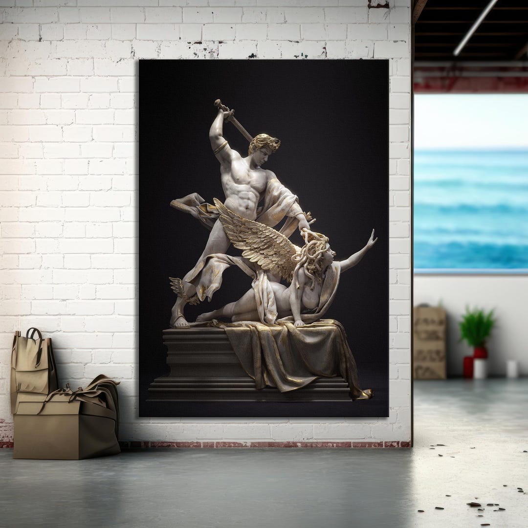 Medusa and Perseus Statue Canvas Wall Art, Greek Mythology, Greek Gods ...