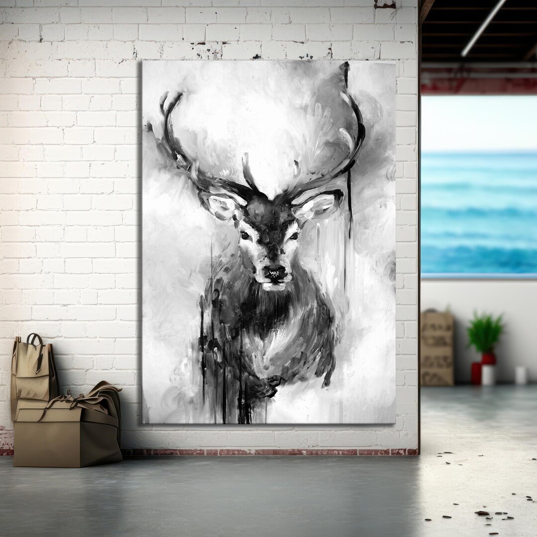 Stunning Black and White Grey Stag Deep Wrap Frame Canvas Wall Art ...