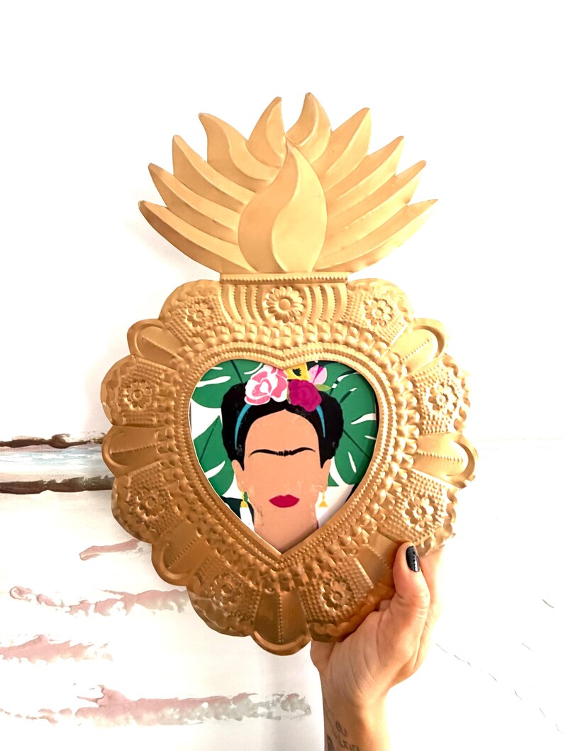 XL Rose Gold Frida Kahlo Nicho - Tin Sacred Heart, Mexican Folk Art ...