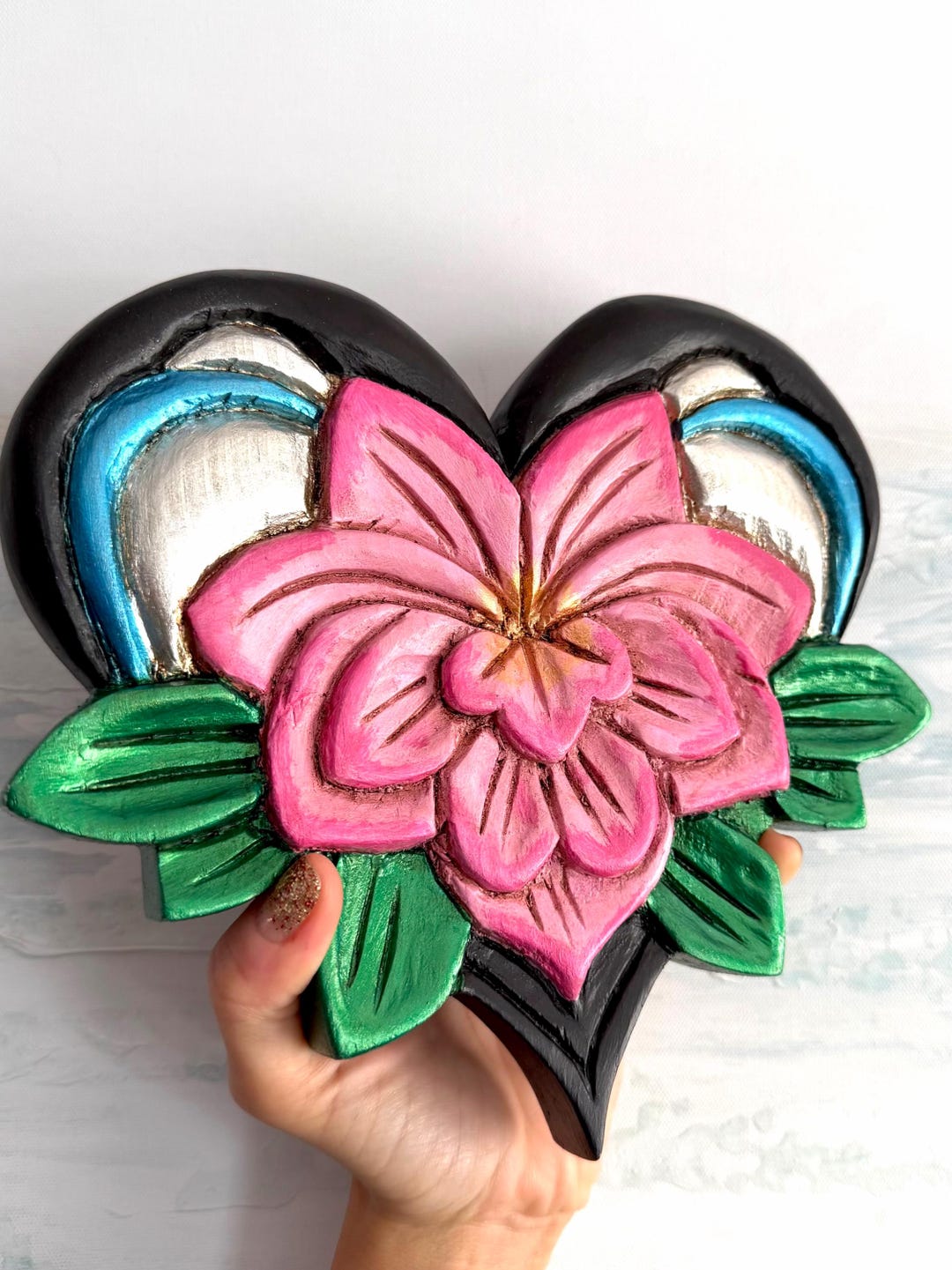 Hojas Con Flor 8.5”x 8” - Wood Sacred Heart, Mexican Folk Art, Ex-voto ...