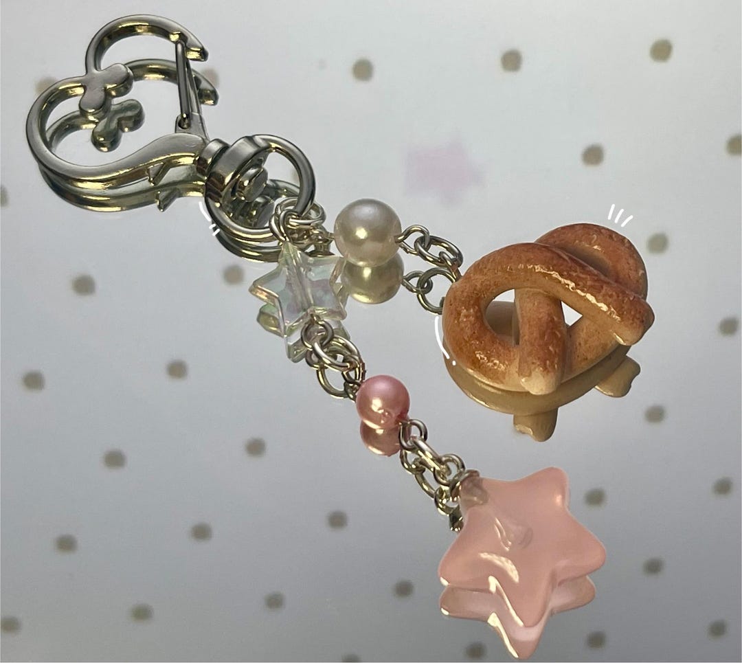 Handmade Polymer Clay Pretzel Keychain: Beaded Bag Charm With Pink Star ...