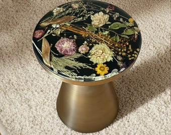Epoxy Resin Side Table With Real Flowers & Stainless Steel Base ...