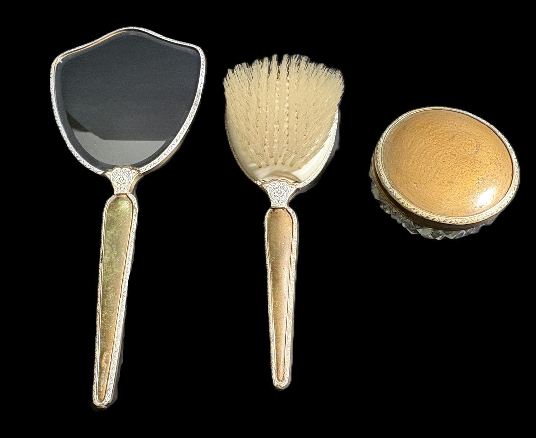 Vintage English Vanity Set – Mirror, Brush & Powder Box – Gold Ornate ...