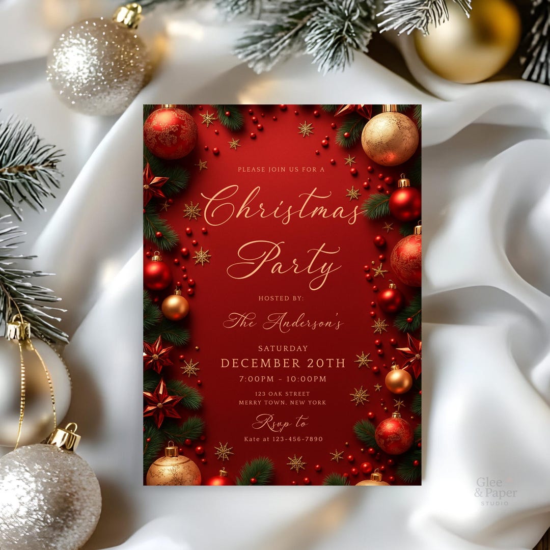 Red and Gold Christmas Party Invitation Template (JPG, PDF) - Etsy