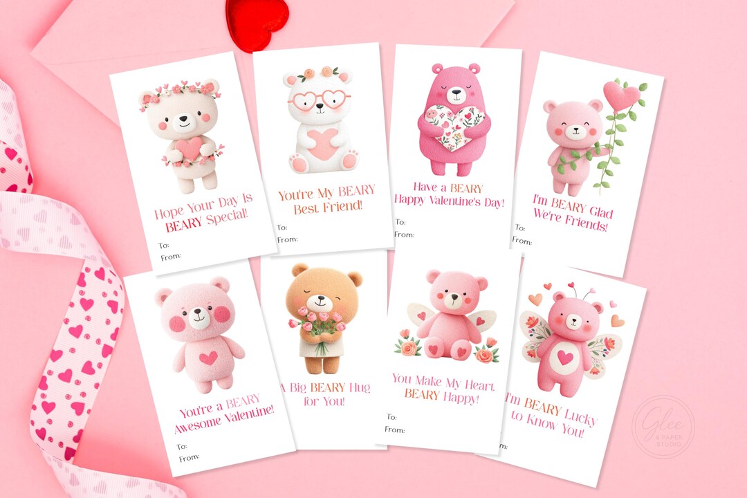 Bear Valentine Tags Printable • Kids Classroom Cards • BEARY Sweet ...