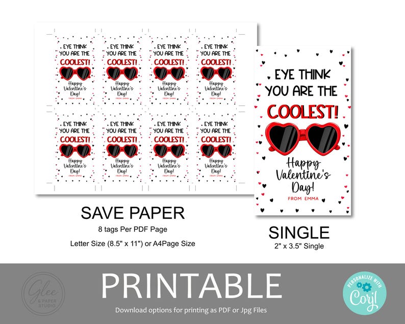 Coolest Valentine Tag Template, Sunglasses Favor (digital Download) - Etsy