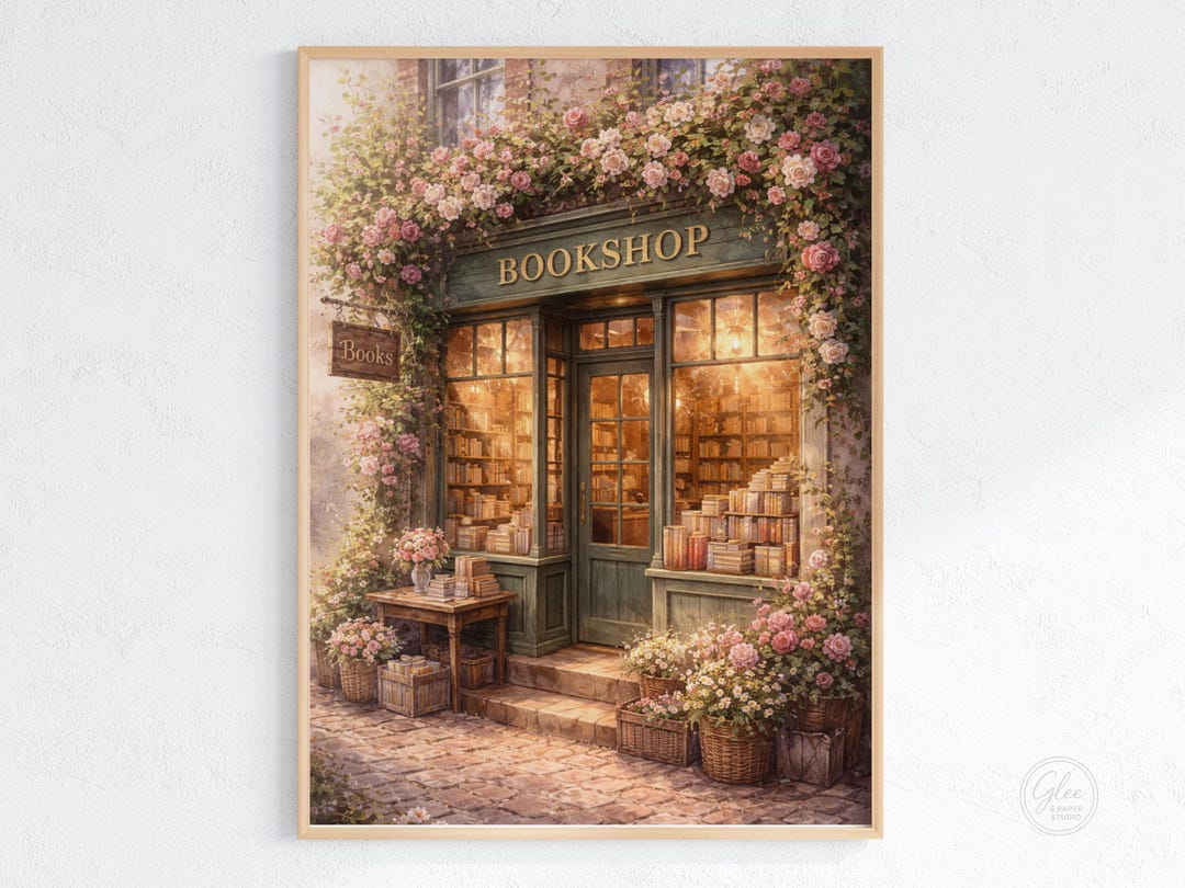 Romantic Bookshop Art Print | Cozy Floral Bookstore Wall Art - Etsy