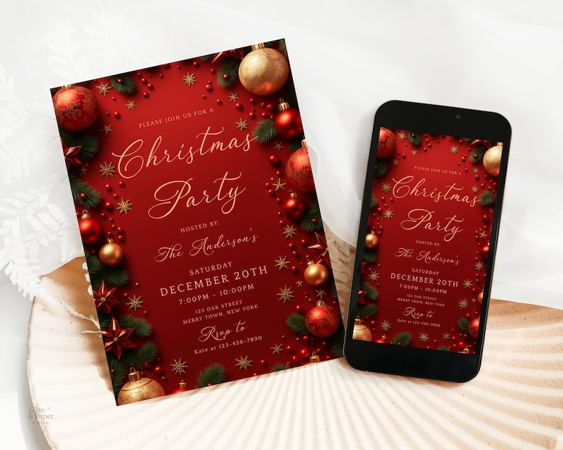 Red and Gold Christmas Party Invitation Template (JPG, PDF) - Etsy