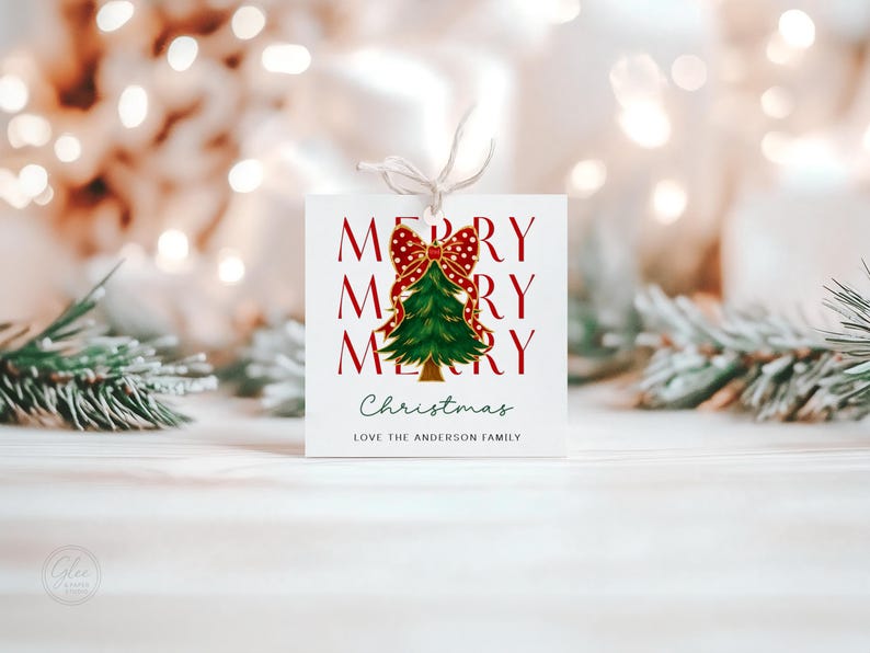 Editable Christmas Tag – 3x3 Merry Tree Holiday Favor Template - Etsy