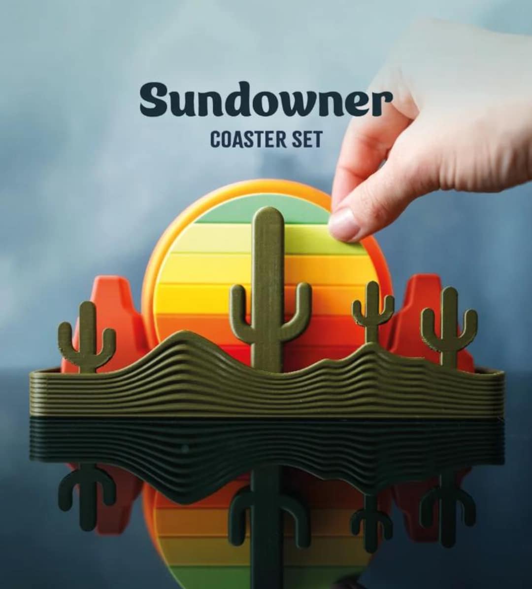 Sundowner Coaster Set – 3D Printed Sunset Drink Coasters, Cactus Desert ...