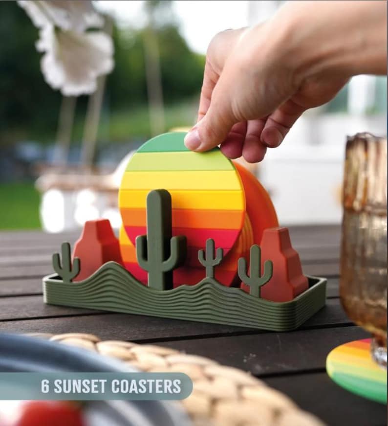 Sundowner Coaster Set – 3D Printed Sunset Drink Coasters, Cactus Desert ...