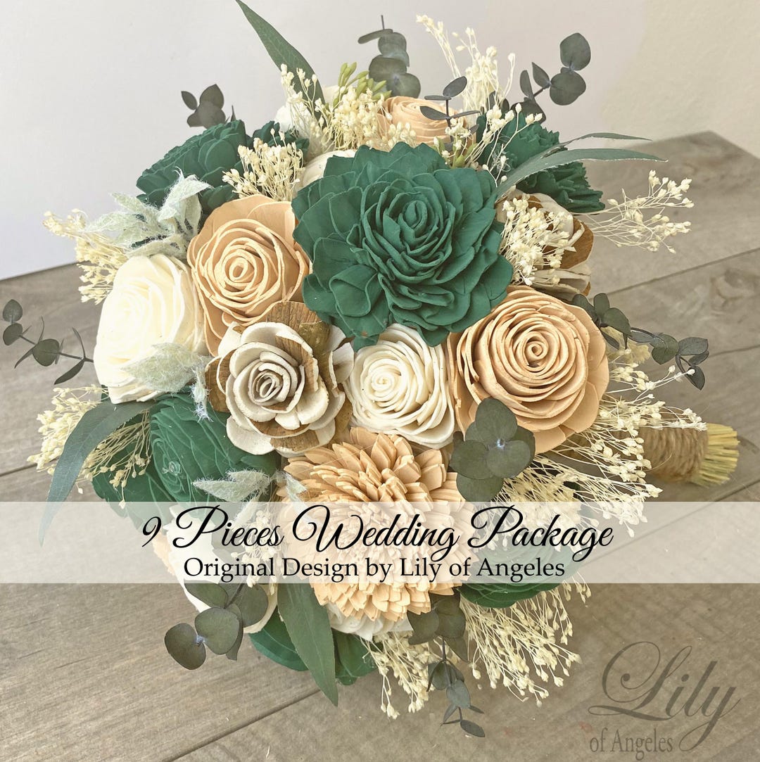 9pcs Package, Hunter Green, Wedding Bouquet, Bridal Bouquet, Sola ...