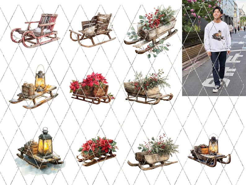 Vintage Winter Sleds Clipart | Retro Watercolor Sleigh PNG, Rustic ...
