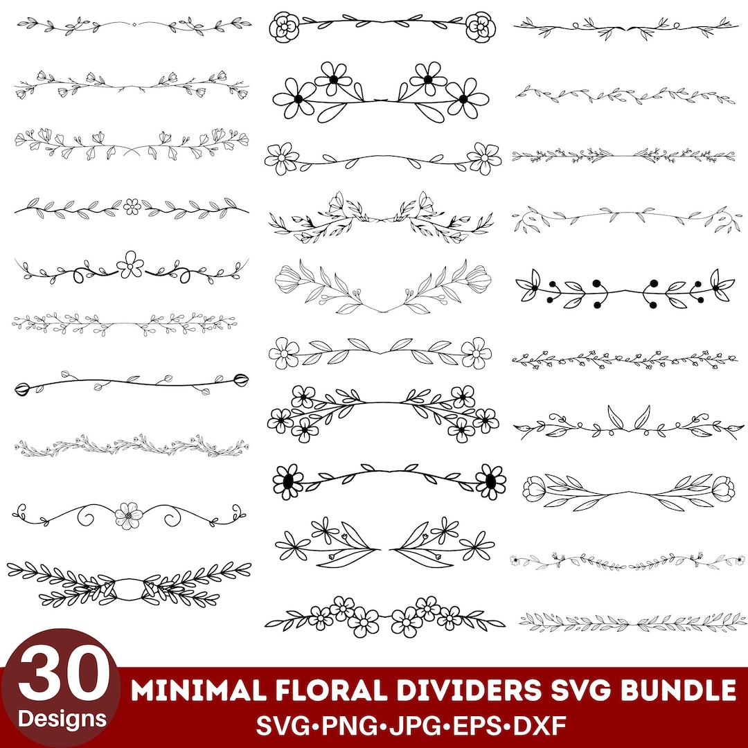Minimal Floral Dividers SVG Bundle, Botanical Line Borders, Hand Drawn ...