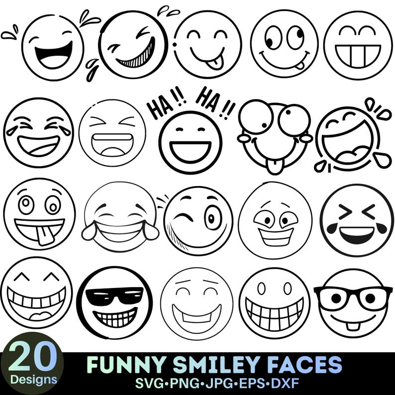Funny Smiley Faces SVG Bundle, Laughing Cartoon Emojis, Cute Doodle ...