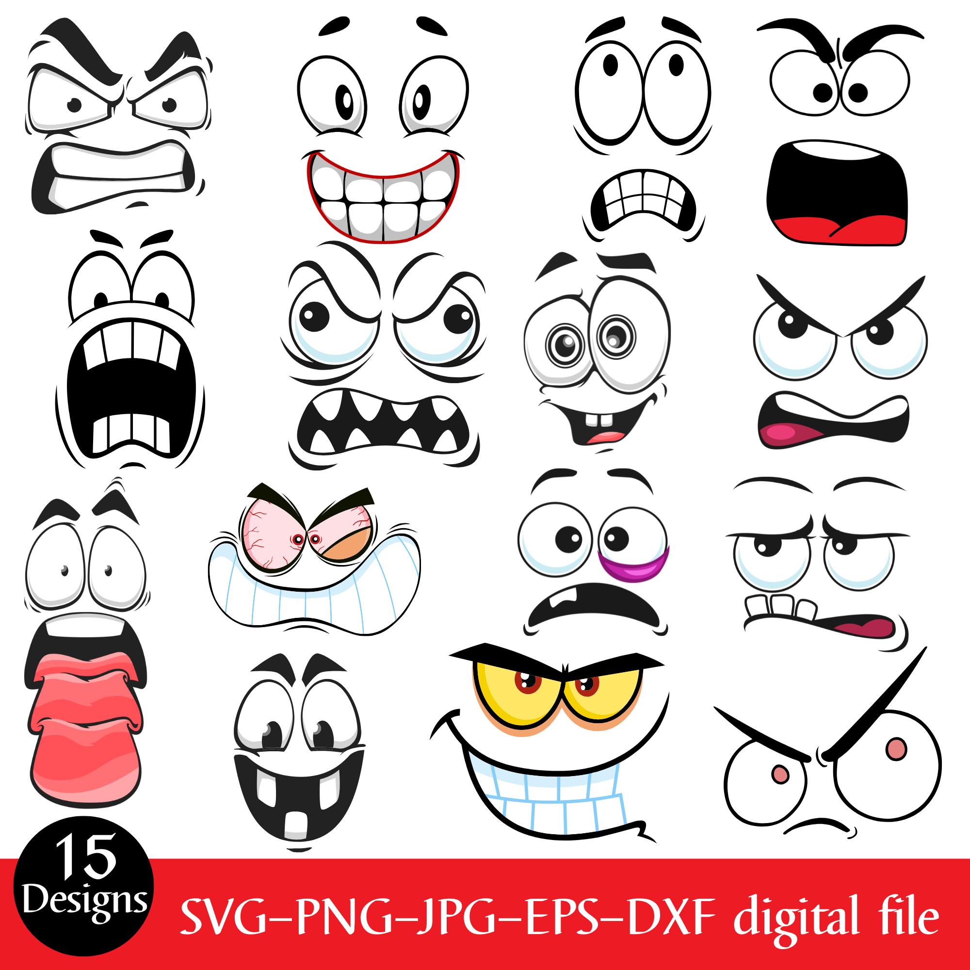 Funny Cartoon Face Expressions SVG Bundle | 15 Emotion Clipart Faces ...