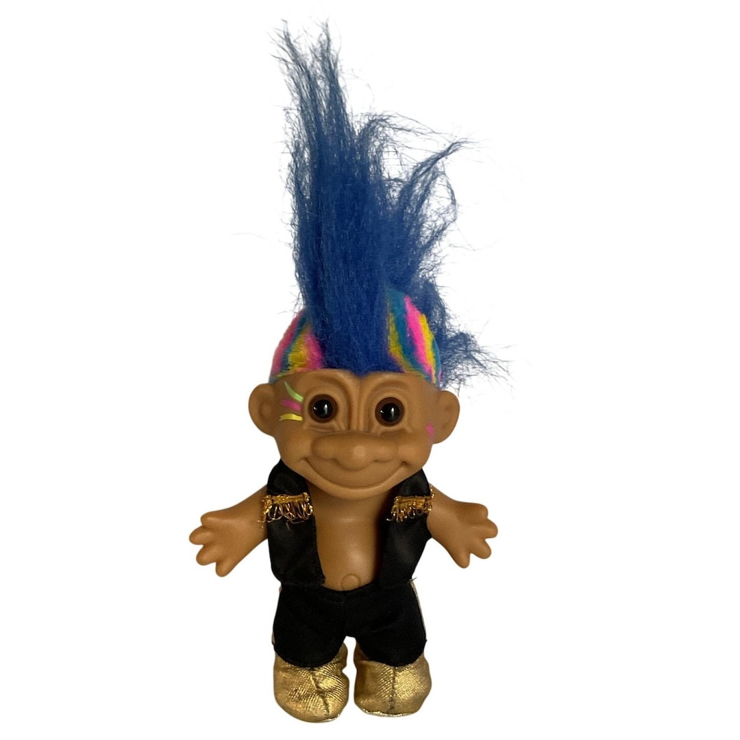 Vintage Russ Troll Doll Blue Hair Rainbow Sides Gold Shoes 1990s ...