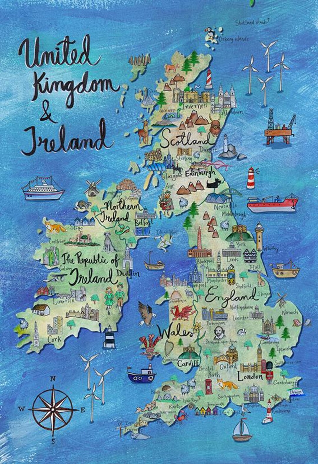 Illustrated Map of United Kingdom A4 - Etsy
