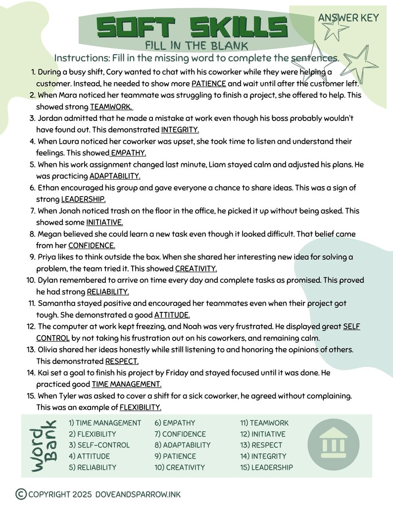 Soft Skills Sentence Completion Worksheet – Fill-in-the-blank (+ Answer ...