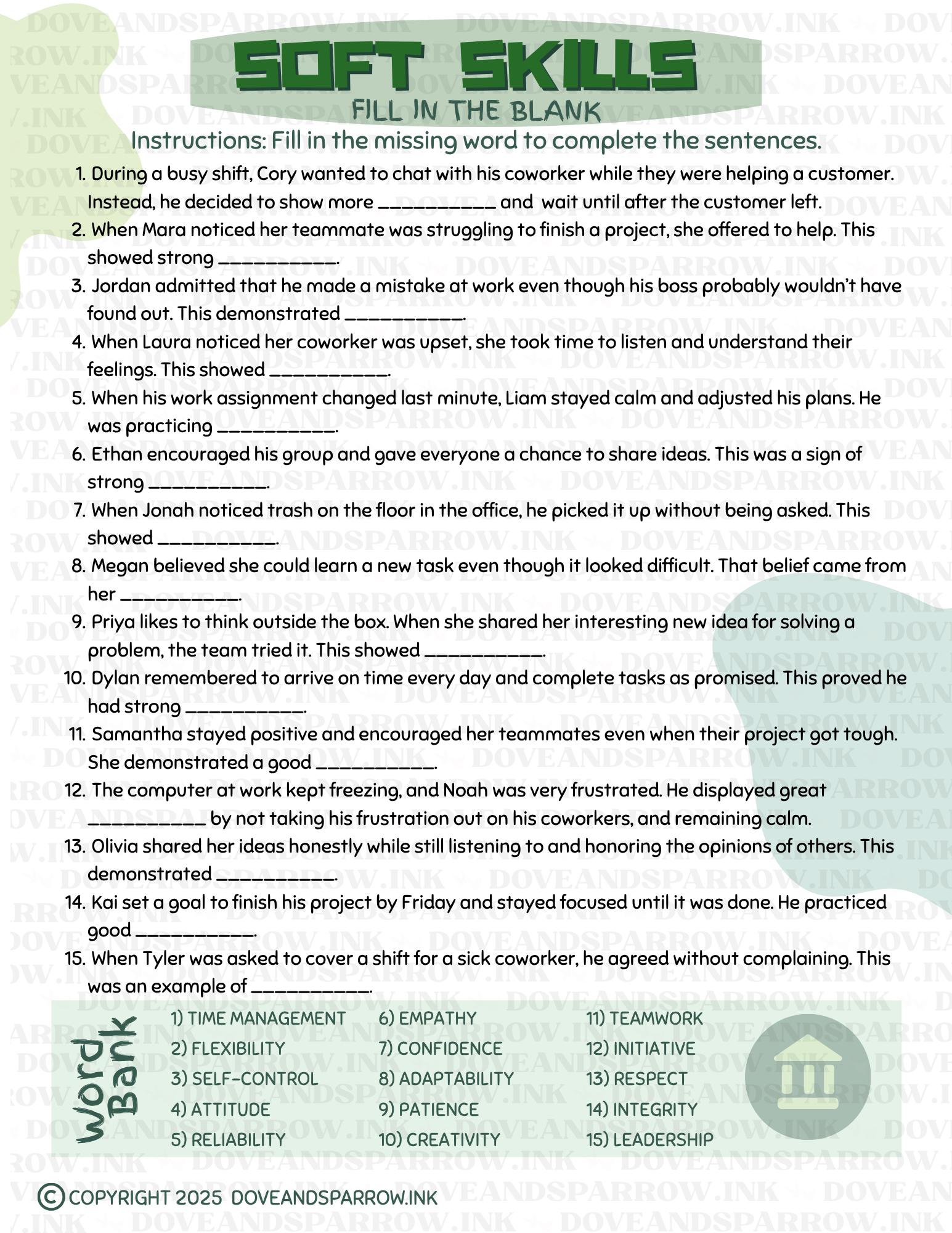 Soft Skills Sentence Completion Worksheet – Fill-in-the-blank (+ Answer ...