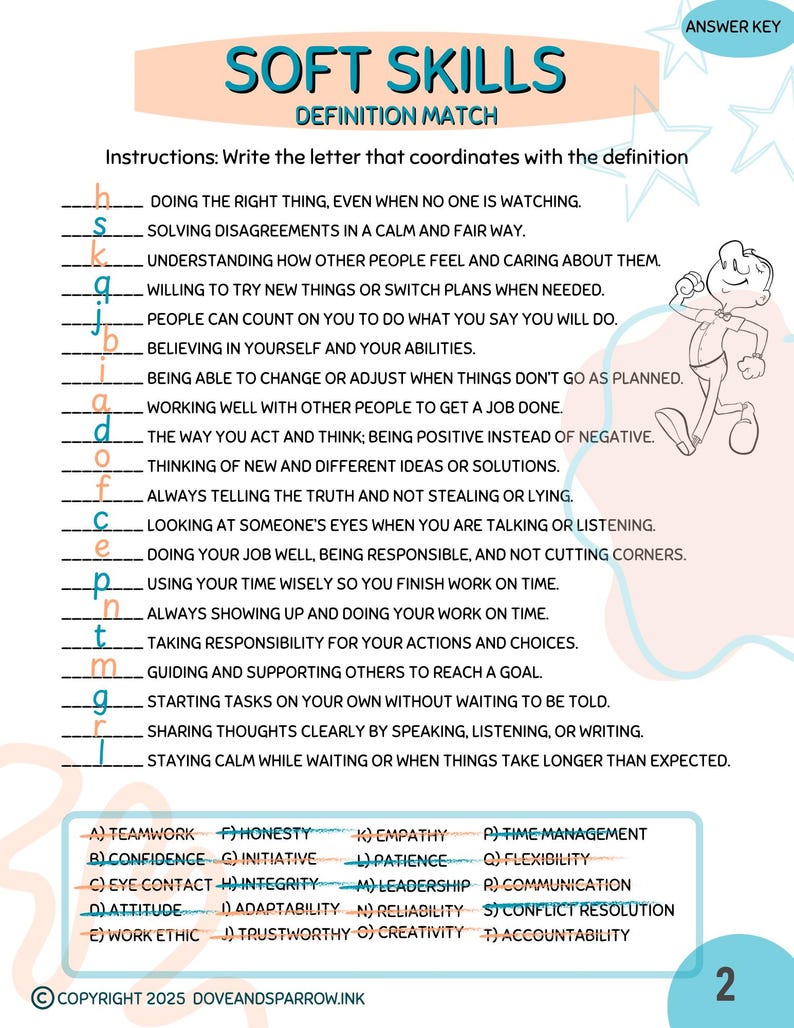 Soft Skills Worksheet - Word Match (+ Answer Key) - Etsy