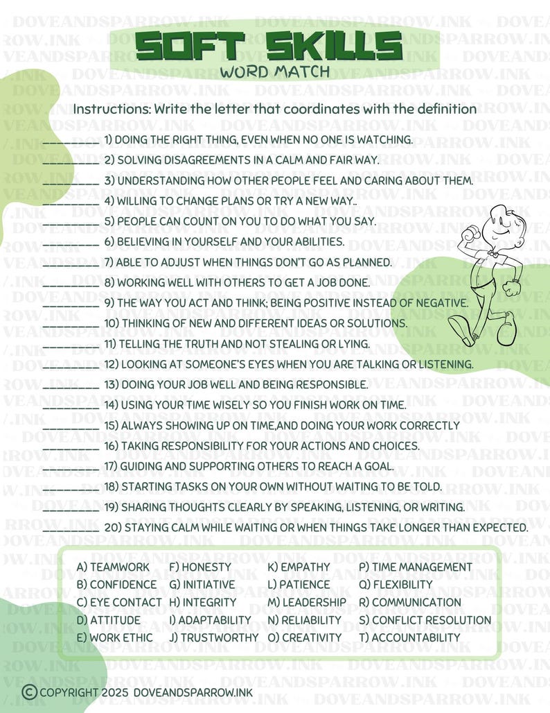 Soft Skills Definition Match Activity – Printable PDF (with Answer Key ...