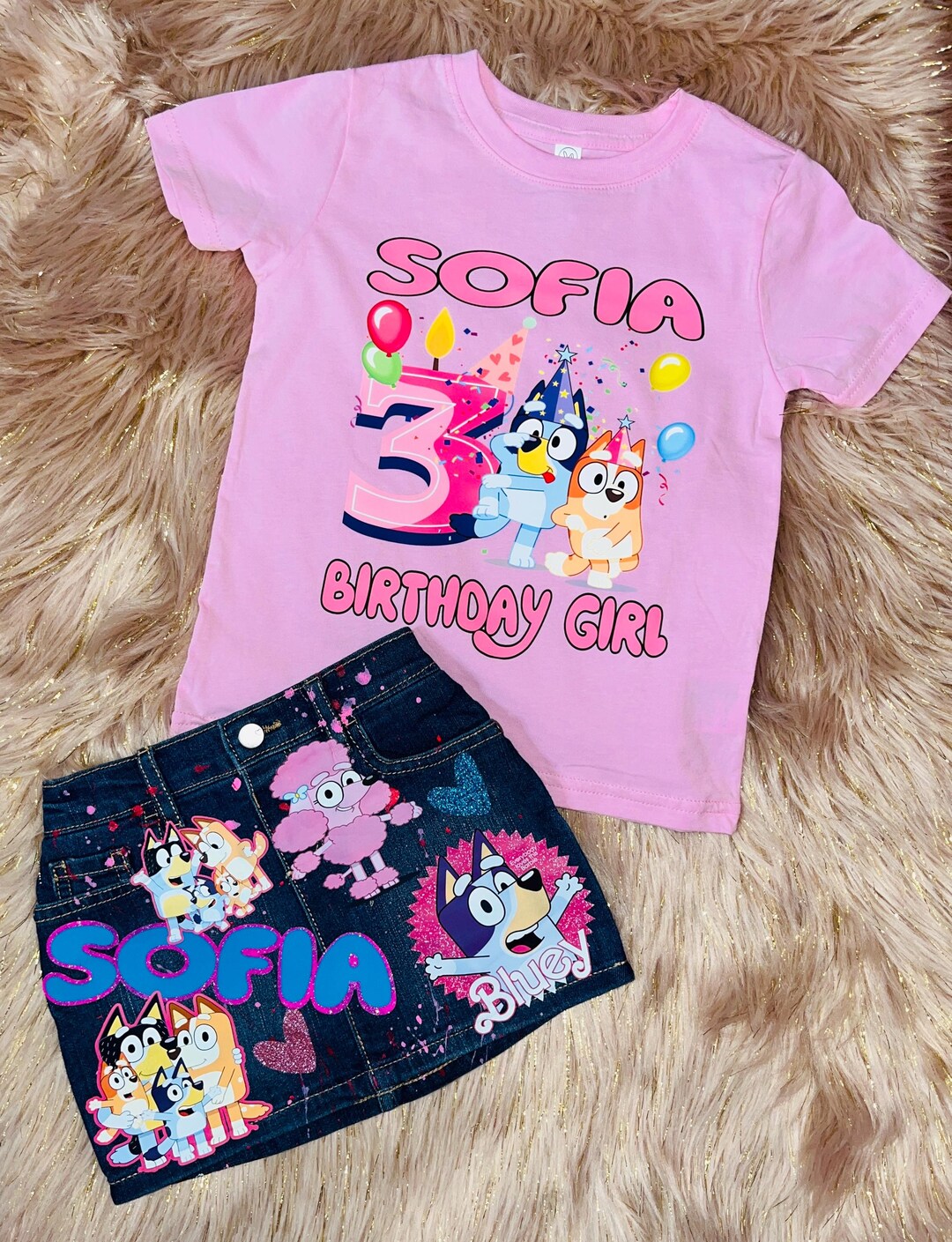 Personalized Bluey Birthday Girl Outfit – Denim Skirt & T-shirt Set - Etsy