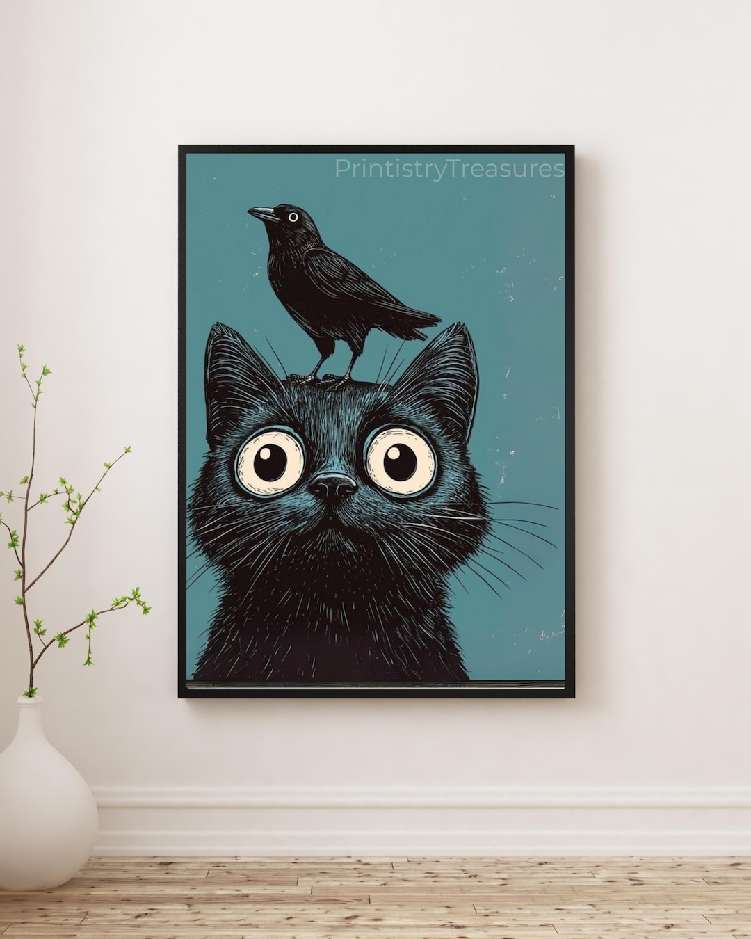 Black Cat Crow Gothic Art Print Whimsical Halloween Decor,home Room ...