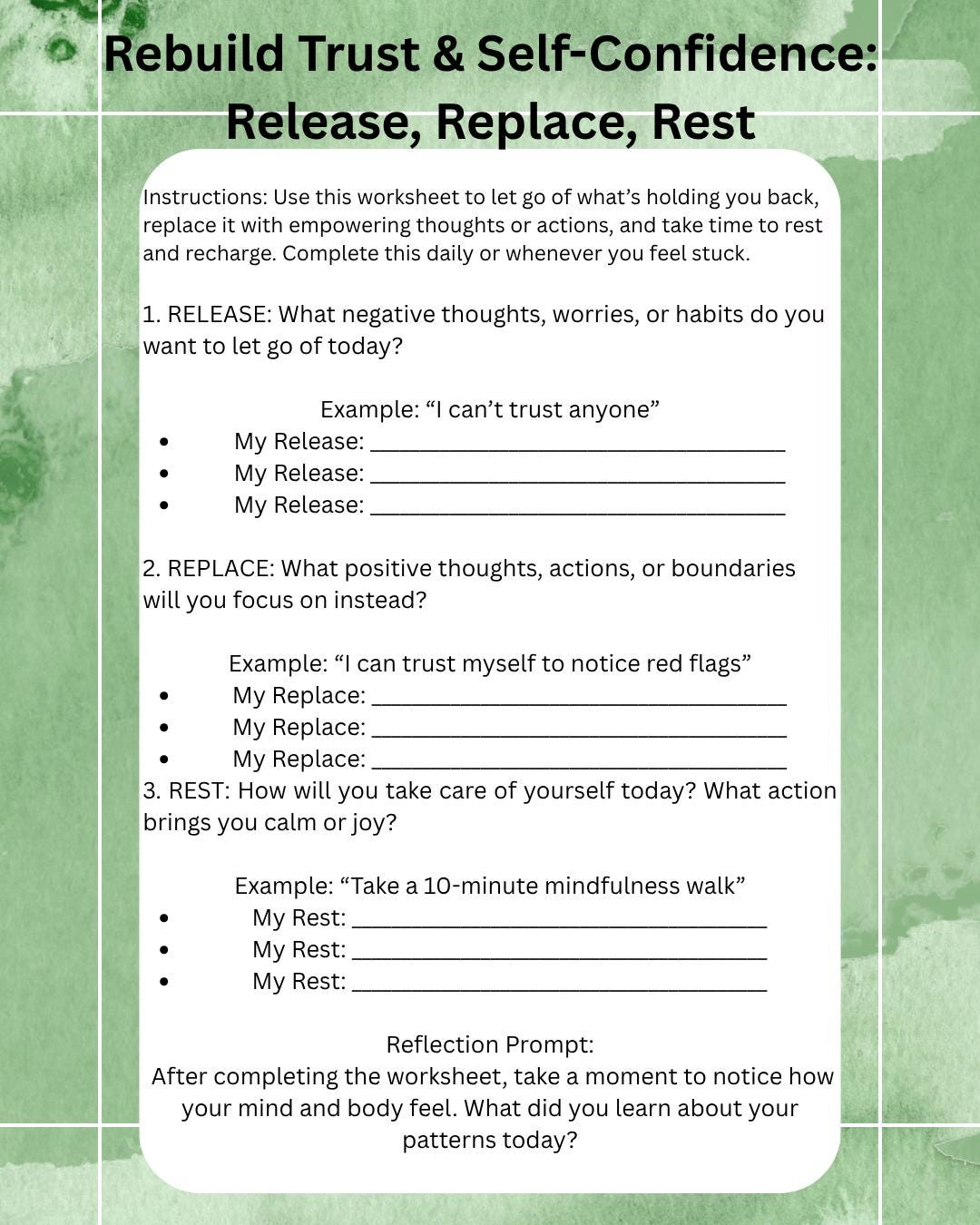 Release-replace-rest Worksheet | Rebuild Trust & Self-confidence ...