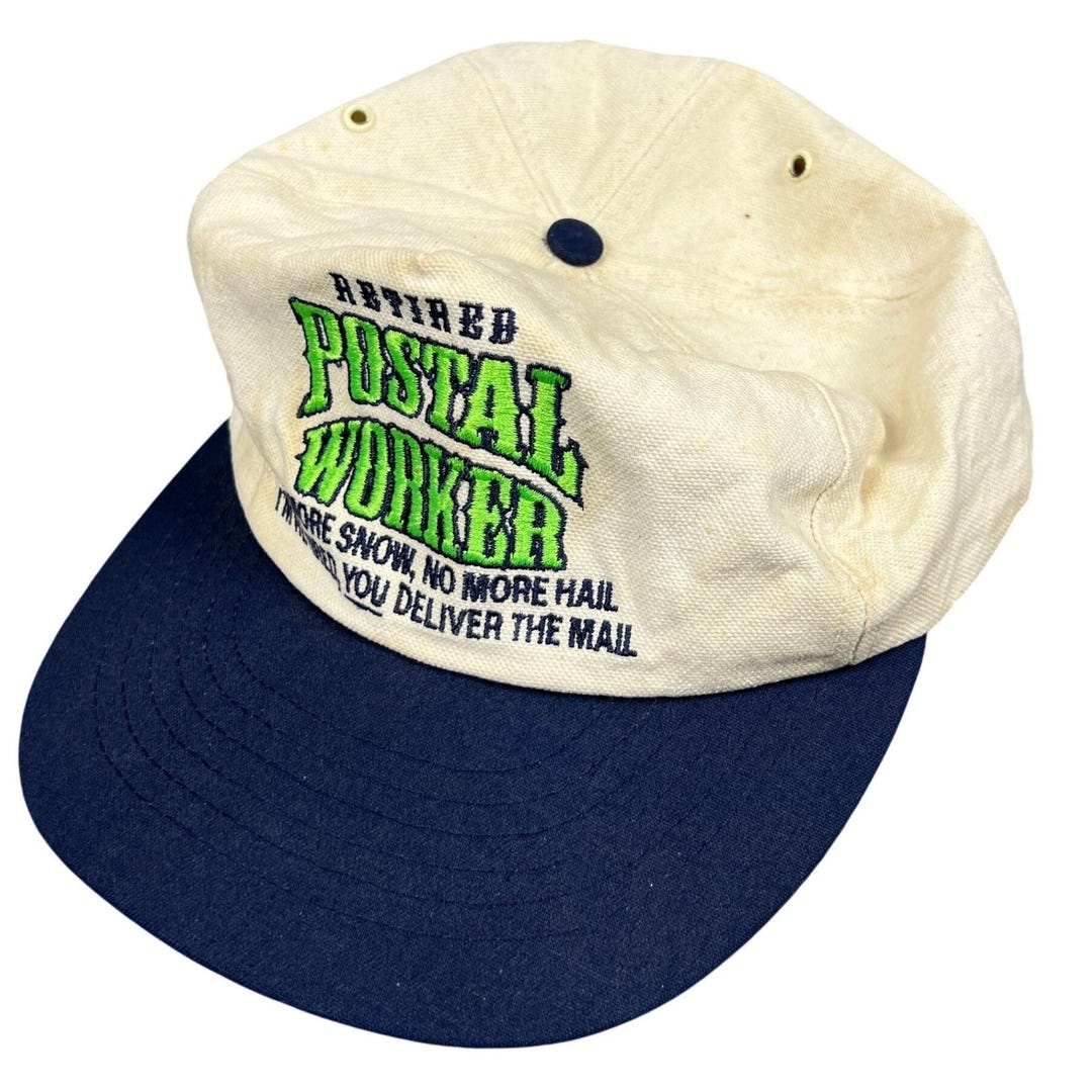 Vintage Retired Postal Worker Hat Cap Beige Navy Blue Embroidered Made ...