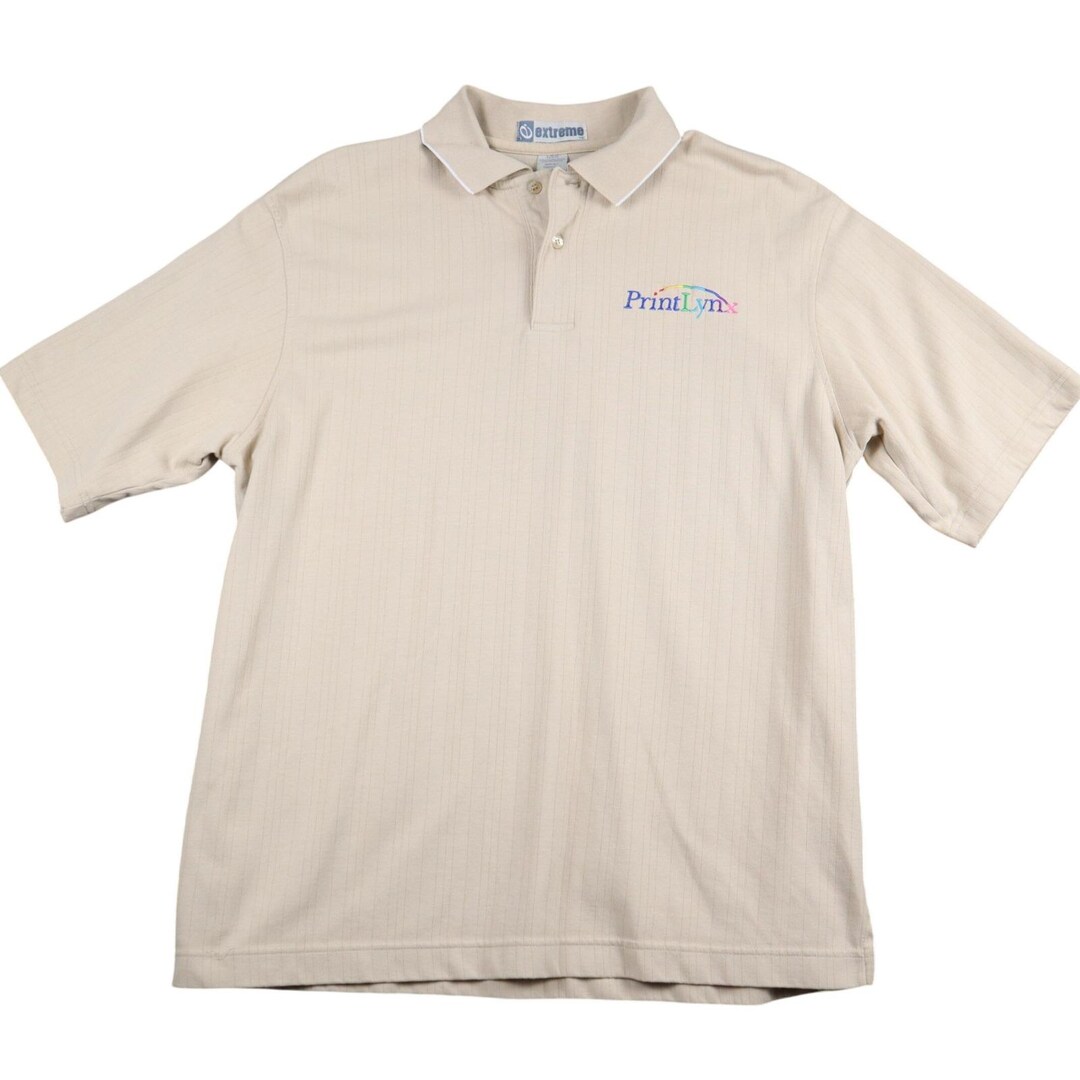 90s Dad Mens Tan Pinstripe Knit Polo Shirt Short Sleeve Print Lynx Logo ...