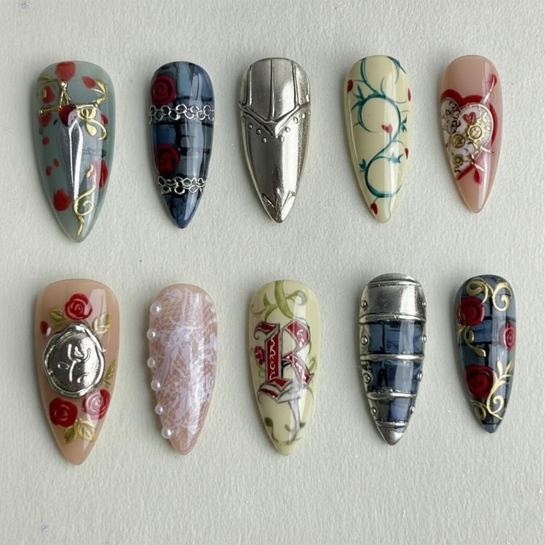 Medieval Gothic Press on Nails / Knight Armor Silver Nails / Vintage ...
